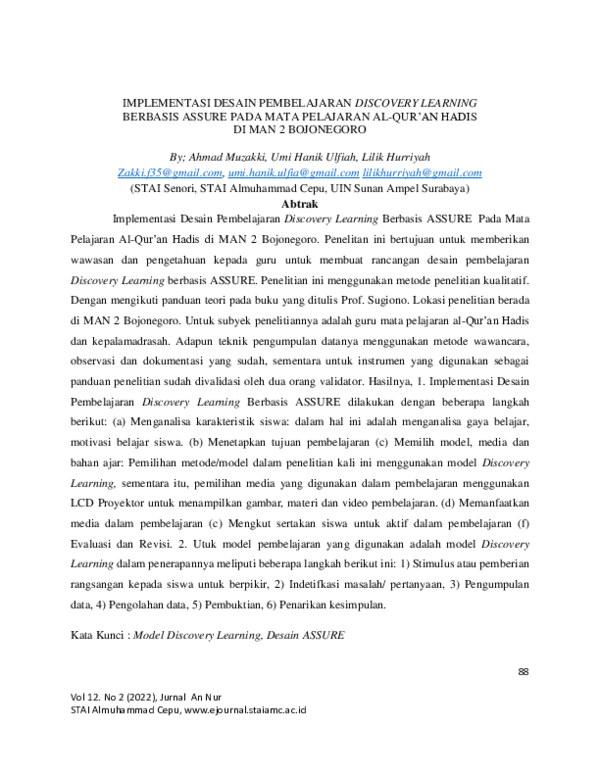 (PDF) Implementasi Desain Pembelajaran Discovery Learning Berbasis Assure Pada Mata Pelajaran Al ...