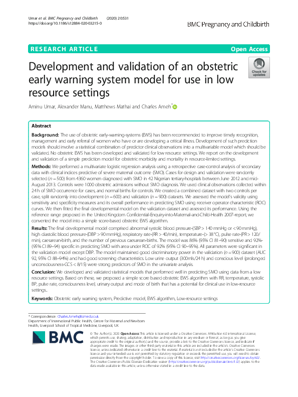 (PDF) Development and validation of an obstetric early warning system ...