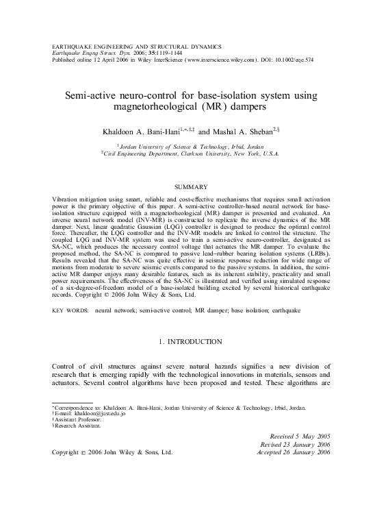 (PDF) Semi-active neuro-control for base-isolation system using magnetorheological (MR) dampers ...