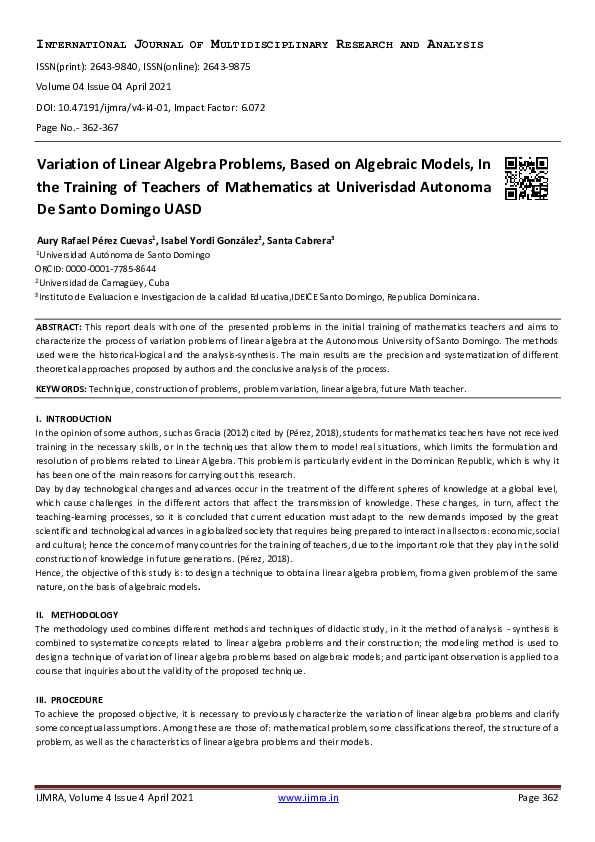 Pdf Variation Of Linear Algebra Problems Based On Algebraic Models In The Training Of