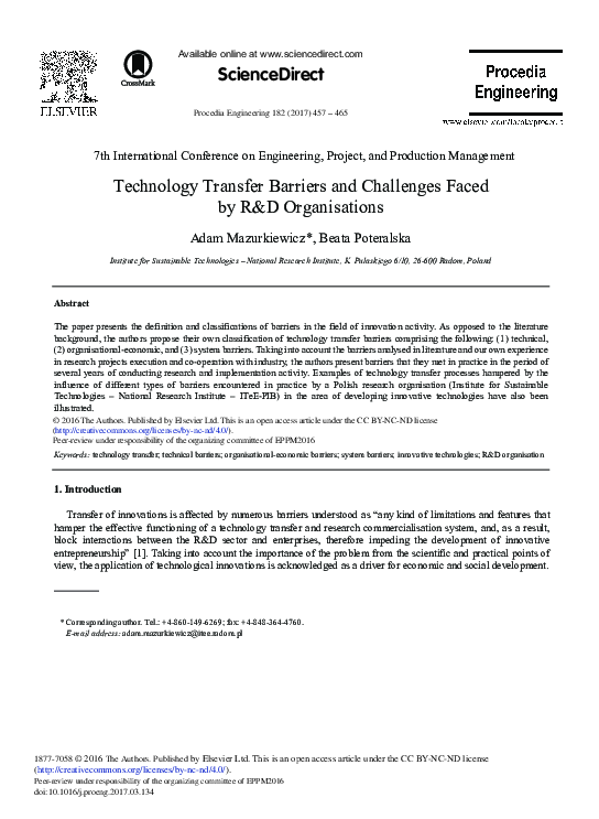 (PDF) Technology Transfer Barriers and Challenges Faced by R&D ...