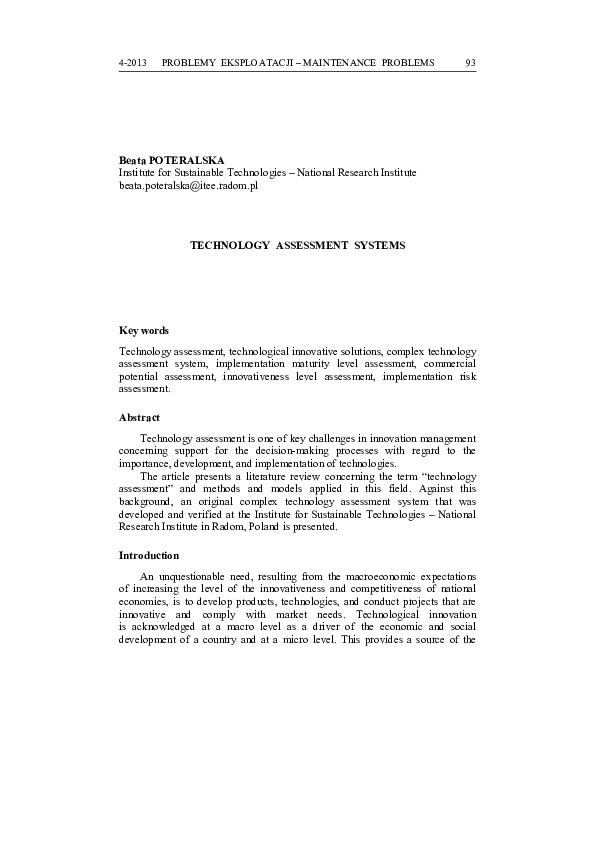 (PDF) Technology Assessment Systems