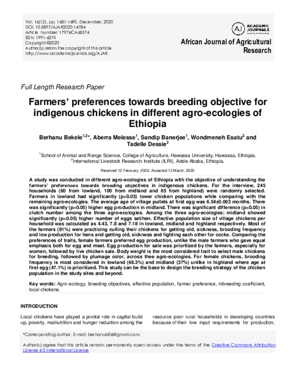 (PDF) Farmers preferences towards breeding objective for indigenous chickens in different agro ...