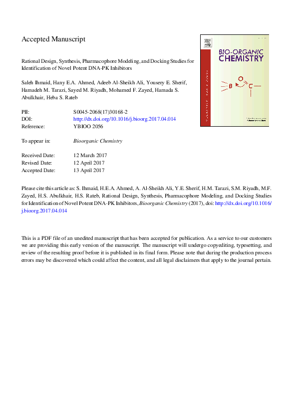 (PDF) Rational design, synthesis, pharmacophore modeling, and docking studies for identification ...