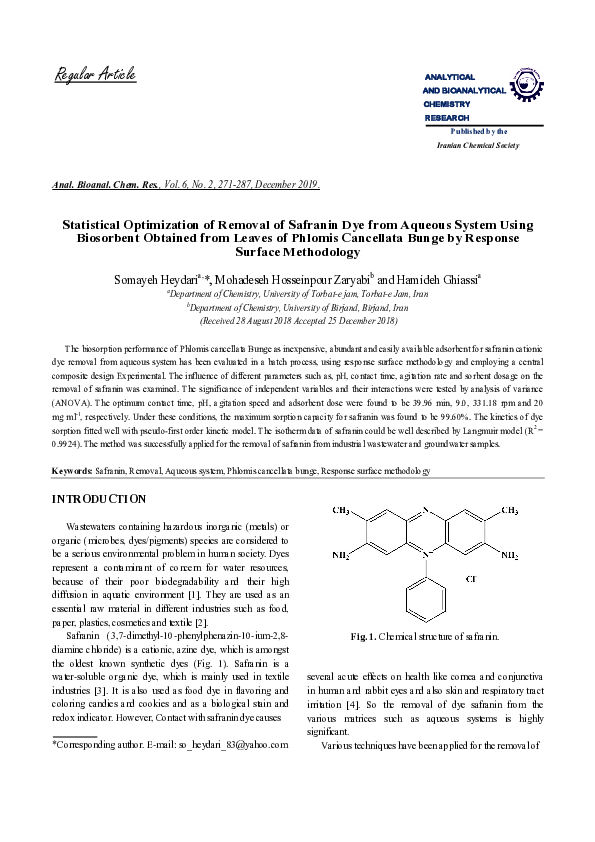 (PDF) Statistical Optimization of Removal of Safranin Dye from Aqueous ...