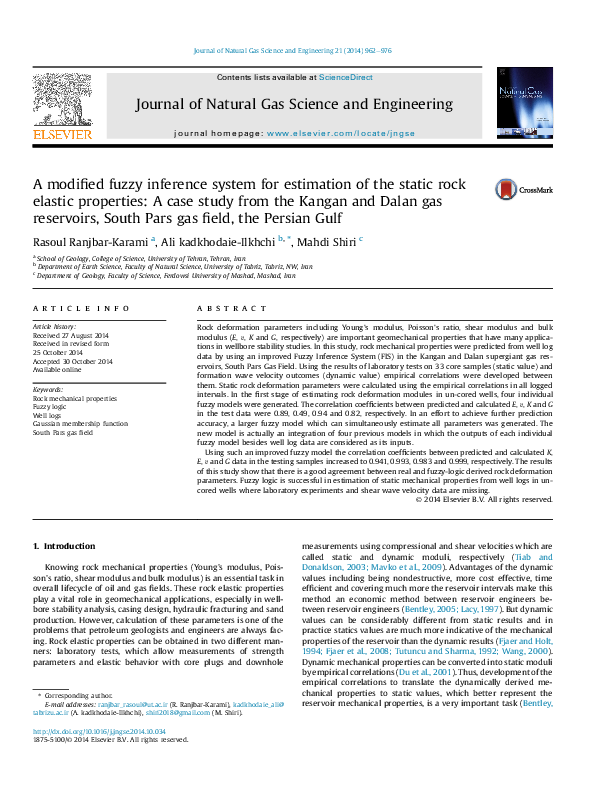 Pdf A Modified Fuzzy Inference System For Estimation Of The Static Rock Elastic Properties A