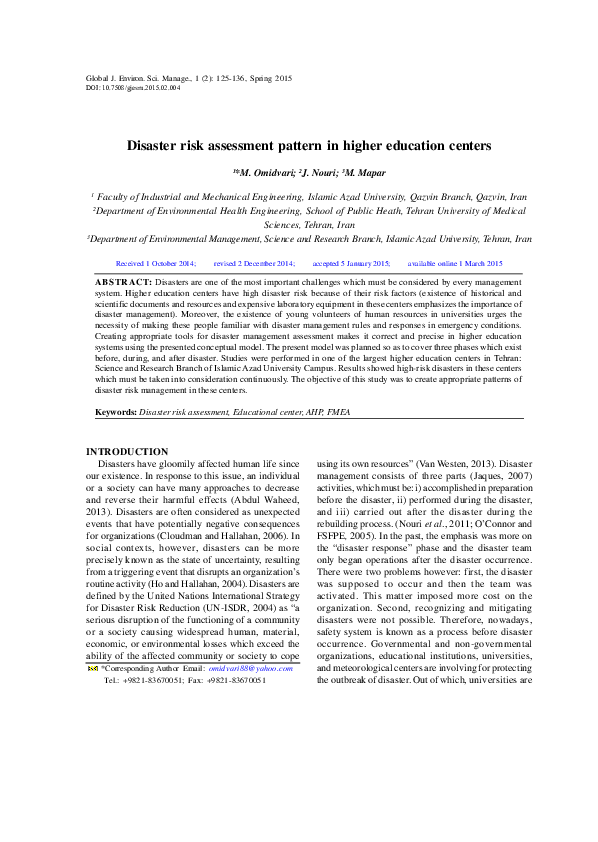 (PDF) Disaster risk assessment pattern in higher education centers