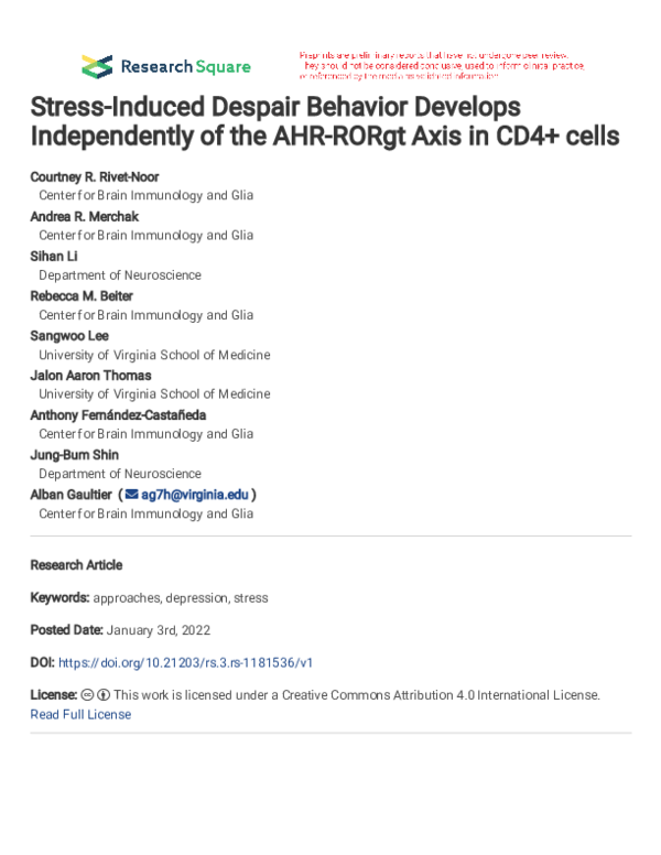 (PDF) Stress-Induced Despair Behavior Develops Independently of the AHR ...
