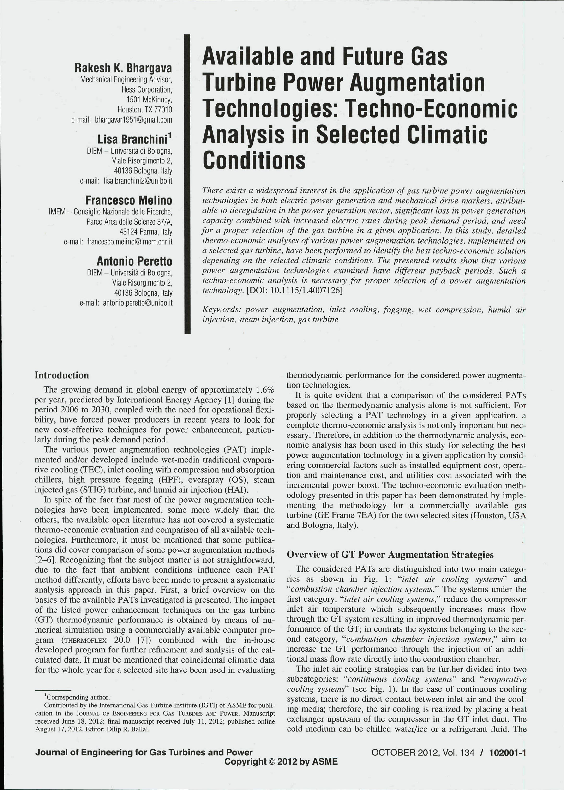 (PDF) Available and Future Gas Turbine Power Augmentation Technologies: Techno-Economic Analysis ...
