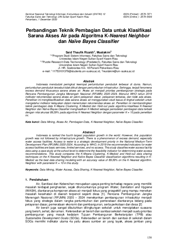 (PDF) Perbandingan Teknik Pembagian Data untuk Klasifikasi Sarana Akses Air pada Algoritma K ...