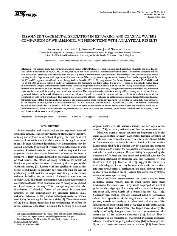Pdf Dissolved Trace Metal Speciation In Estuarine And Coastal Waters Comparison Of Wham Model