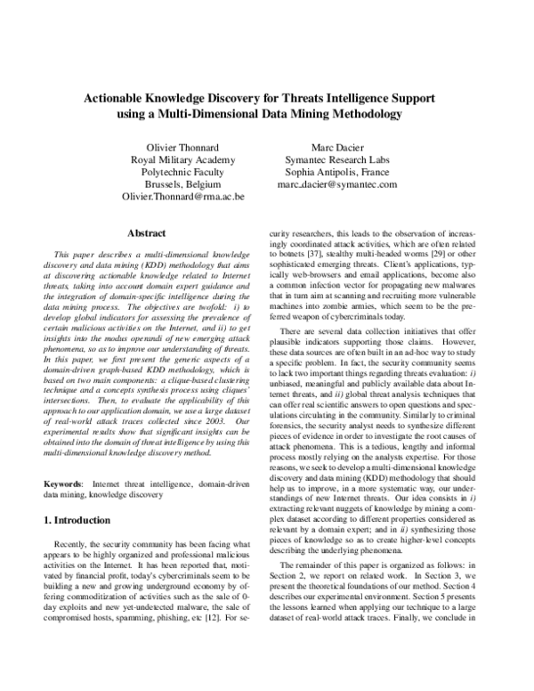 (PDF) Actionable Knowledge Discovery for Threats Intelligence Support Using a Multi-dimensional ...