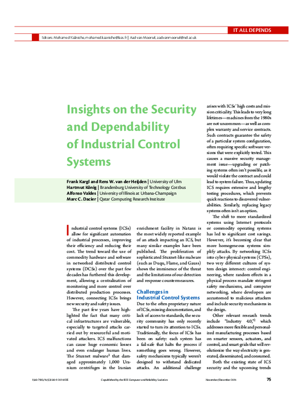(PDF) Insights on the Security and Dependability of Industrial Control ...