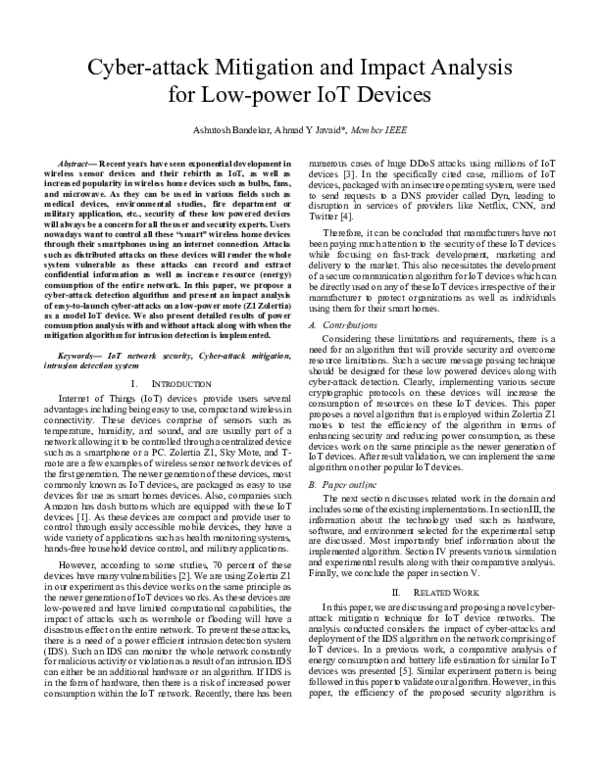 (PDF) Cyber-attack Mitigation and Impact Analysis for Low-power IoT Devices