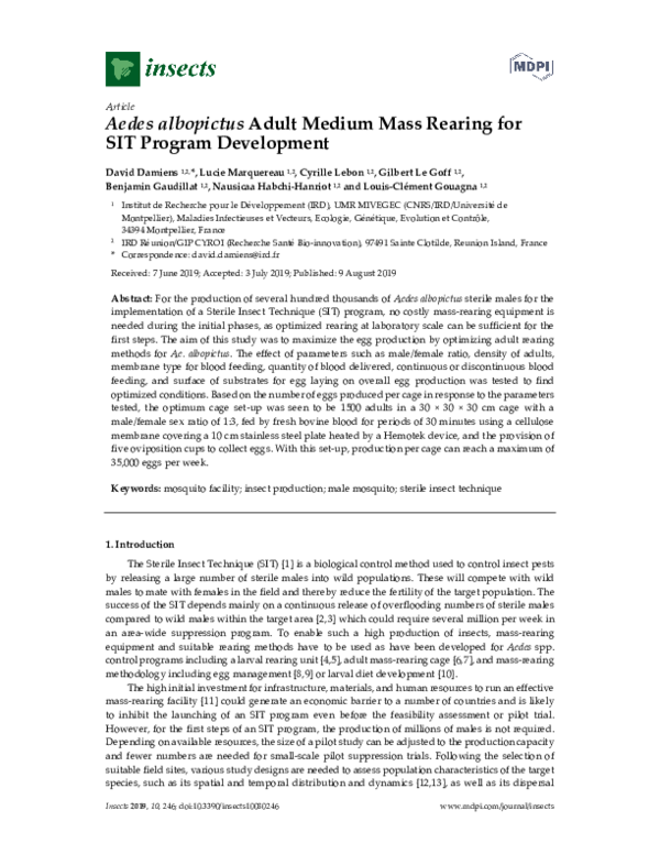 (PDF) Aedes albopictus Adult Medium Mass Rearing for SIT Program Development
