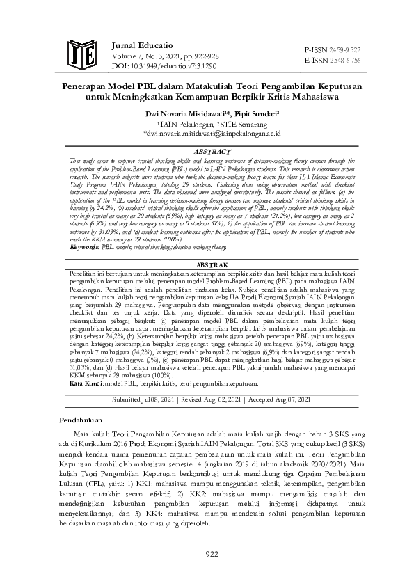 (PDF) Penerapan Model PBL dalam Matakuliah Teori Pengambilan Keputusan ...