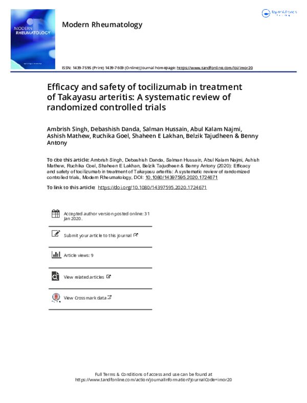 (PDF) Efficacy and safety of tocilizumab in treatment of Takayasu arteritis: A systematic review ...