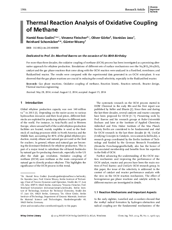 (PDF) Thermal Reaction Analysis of Oxidative Coupling of Methane