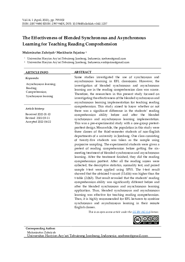 (PDF) The Effectiveness of Blended Synchronous and Asynchronous Learning for Teaching Reading ...