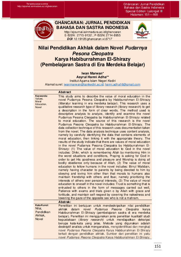 (PDF) Nilai Pendidikan Akhlak dalam Novel Pudarnya Pesona Cleopatra ...