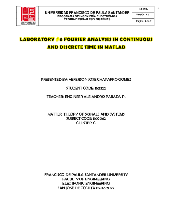 (PDF) LABORATORIO #6 ANÁLISIS DE FOURIER EN TIEMPO CONTINUO Y DISCRETO ...