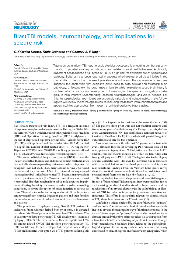 (PDF) Blast TBI Models, Neuropathology, and Implications for Seizure Risk