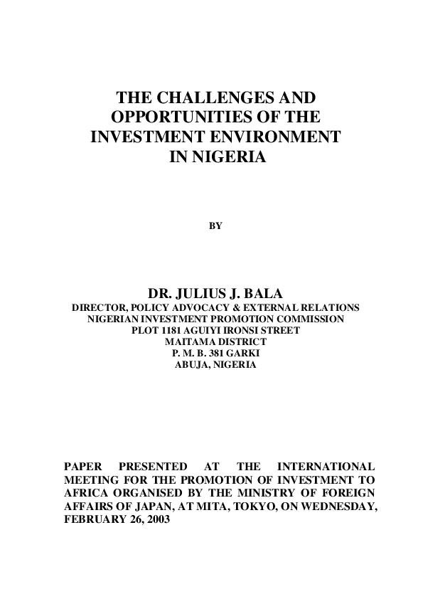 (PDF) The Challenges and Opportunities of the Investment Environment in ...