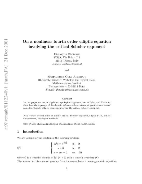 (PDF) On a nonlinear fourth order elliptic equation involving the Sobolev critical exponent