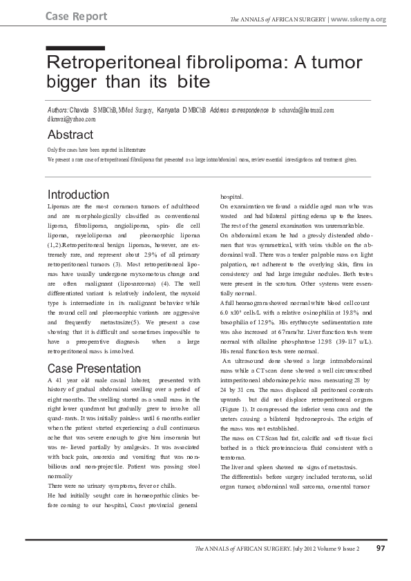 (PDF) Retroperitoneal fibrolipoma: A tumor bigger than its bite