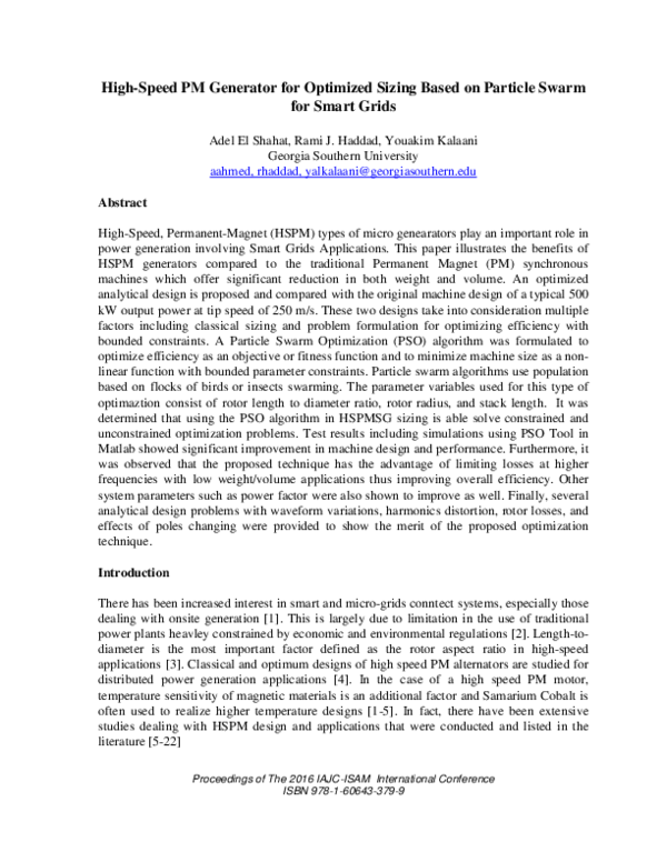 Pdf High Speed Pm Generator Optimized Sizing Based On Particle Swarm Optimization For Smart Grids