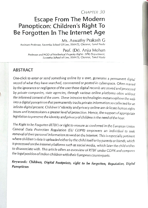 (PDF) Escape From The Modern Panopticon: Children's Right To Be Forgotten In The Internet Age