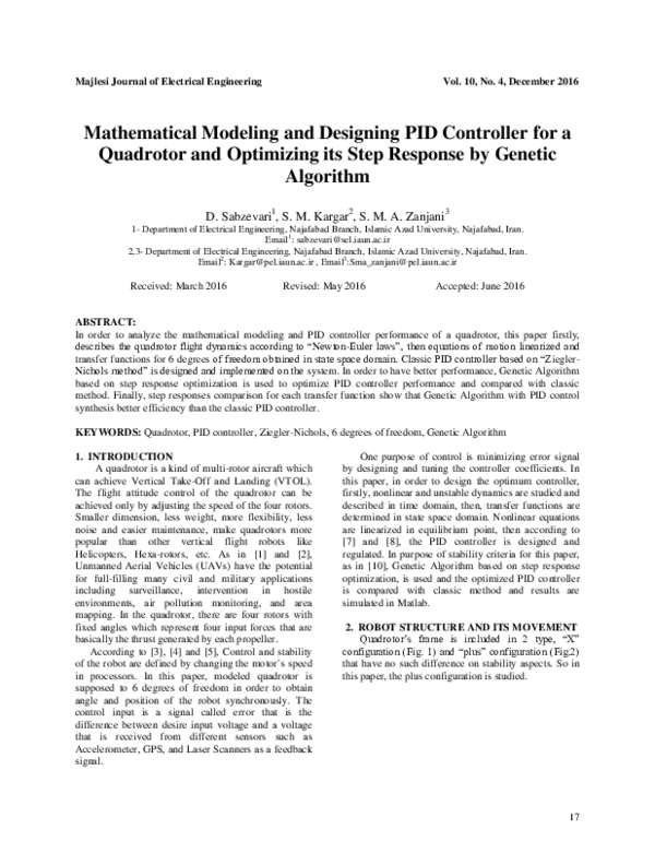 Pdf Mathematical Modeling And Designing Pid Controller For A Quadrotor And Optimize Its Step