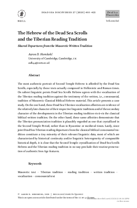 (PDF) The Hebrew of the Dead Sea Scrolls and the Tiberian Reading Tradition