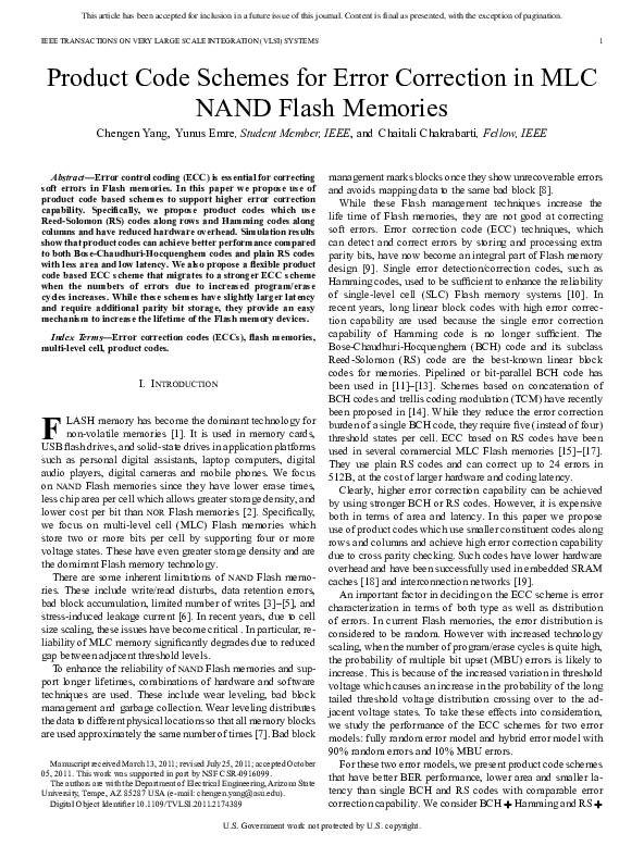 Pdf Product Code Schemes For Error Correction In Mlc Nand Flash Memories