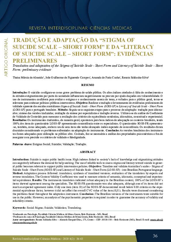 Pdf Tradução E Adaptação Da “stigma Of Suicide Scale Short Form” E