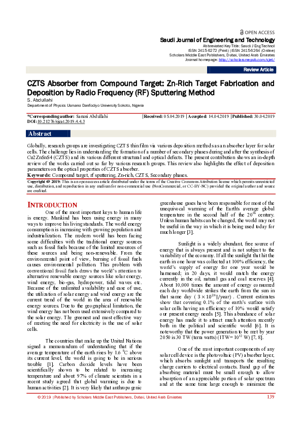 (PDF) CZTS Absorber from Compound Target: Zn-Rich Target Fabrication ...