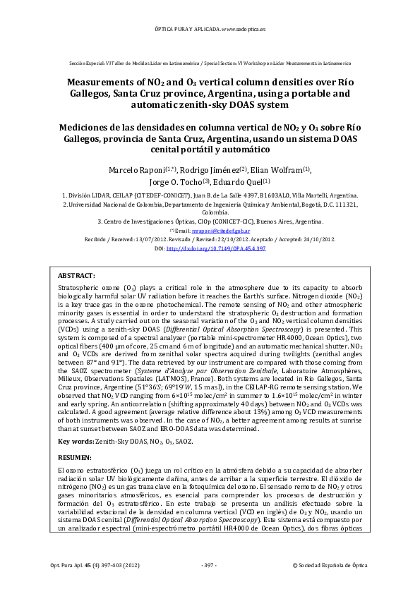(PDF) Measurements of NO2 and O3 vertical column densities over Río ...