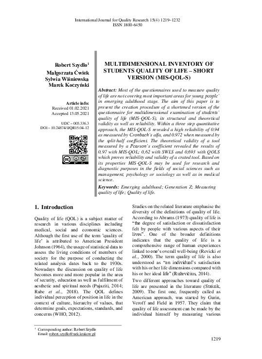 (PDF) Multidimensional Inventory of Students Quality of Life – Short Version (Mis-Qol-S)