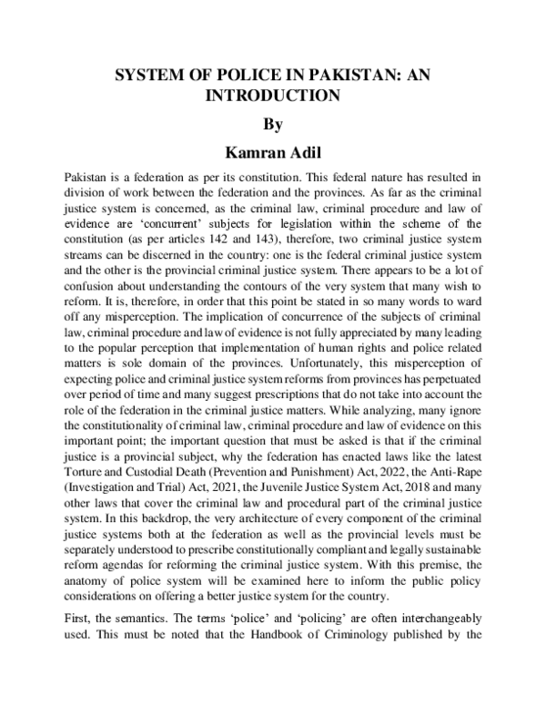 (PDF) SYSTEM OF POLICE IN PAKISTAN: AN INTRODUCTION