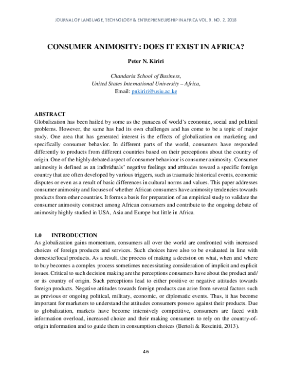 (PDF) Consumer Animosity: Does It Exist in Africa? | Peter Kiriri ...