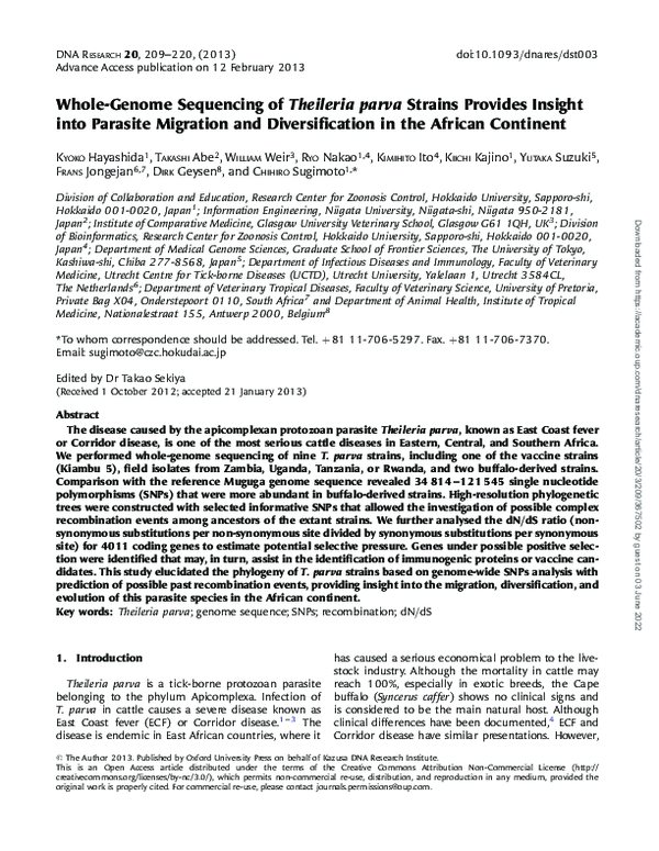 (PDF) Whole-Genome Sequencing of Theileria parva Strains Provides ...