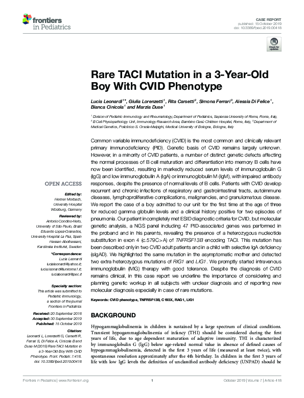 (PDF) Rare TACI Mutation in a 3-Year-Old Boy With CVID Phenotype
