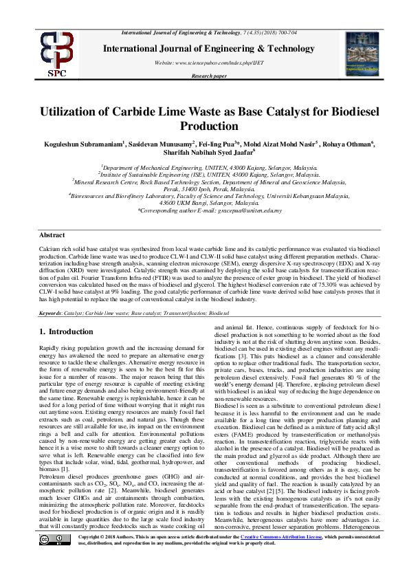 (PDF) Utilization of Carbide Lime Waste as Base Catalyst for Biodiesel ...