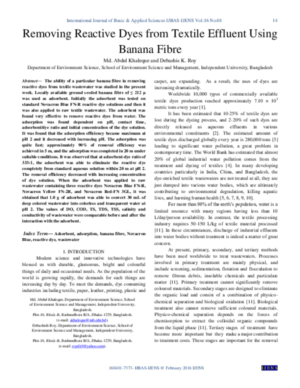 (PDF) Removing Reactive Dyes from Textile Effluent Using Banana Fibre | Md. Abdul Khaleque ...
