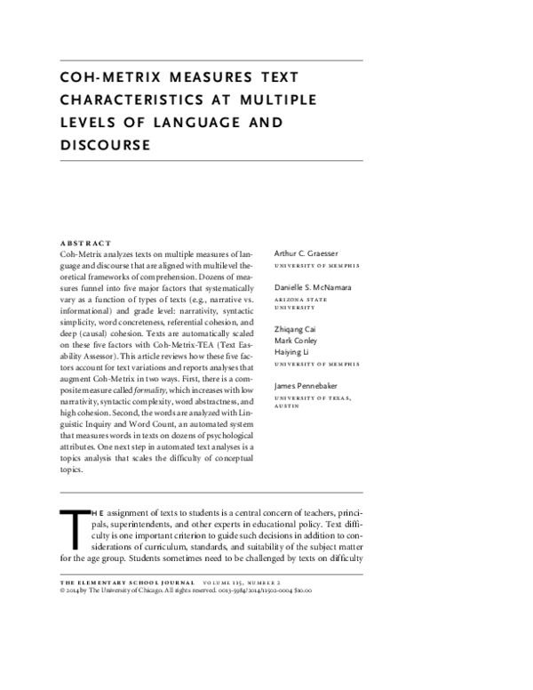 (PDF) Coh-Metrix Measures Text Characteristics at Multiple Levels of Language and Discourse