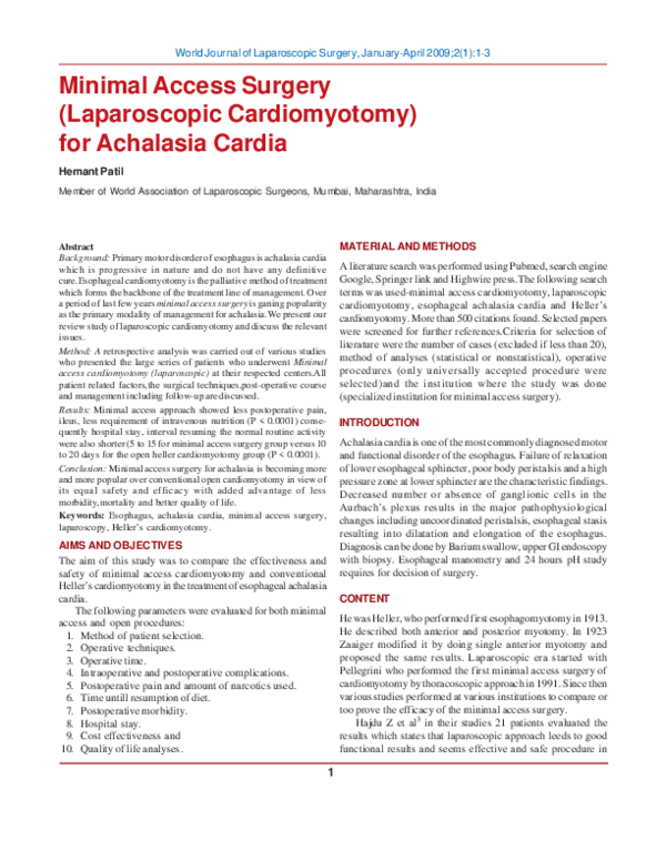 (PDF) Minimal Access Surgery (Laparoscopic Cardiomyotomy) for Achalasia ...