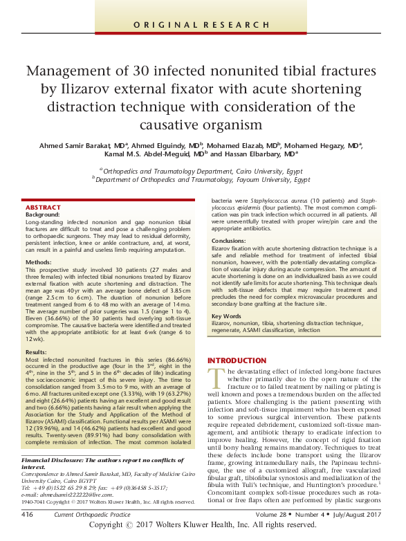 (PDF) Management of 30 infected nonunited tibial fractures by Ilizarov external fixator with ...