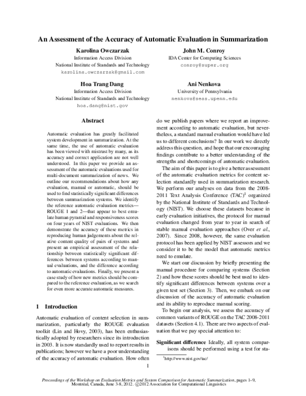 Pdf An Assessment Of The Accuracy Of Automatic Evaluation In Summarization