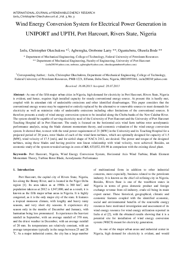 (PDF) Wind Energy Conversion System for Electrical Power Generation in UNIPORT and UPTH, Port ...