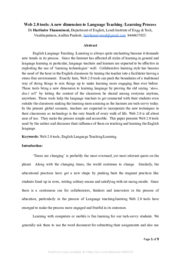 Pdf Web 20 Tools A New Dimension To Language Teaching Learning Process